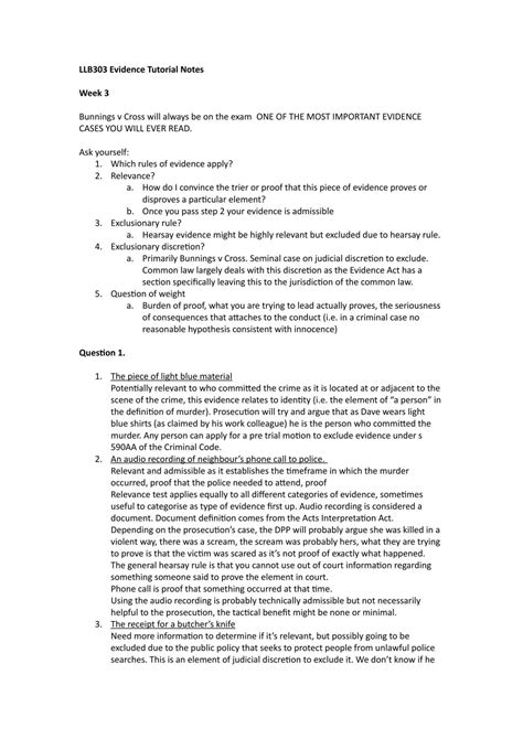 evidence tutorial notes llb303 evidence qut thinkswap