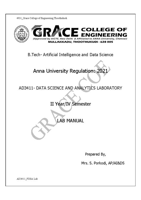 Ad3411fdsa Lab Manual Data Science And Ai Experiments At Grace College