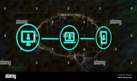 Image Of Connected Digital Communication Media Icons And Rotating Brain On Black Global