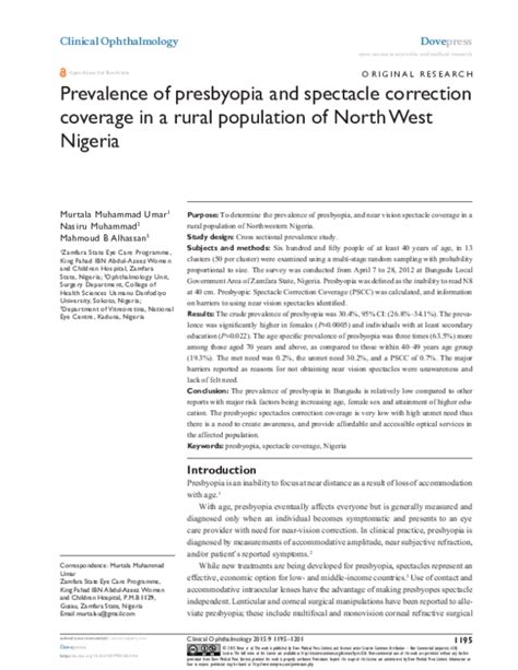 Pdf Prevalence Of Presbyopia And Spectacle Correction Coverage In A