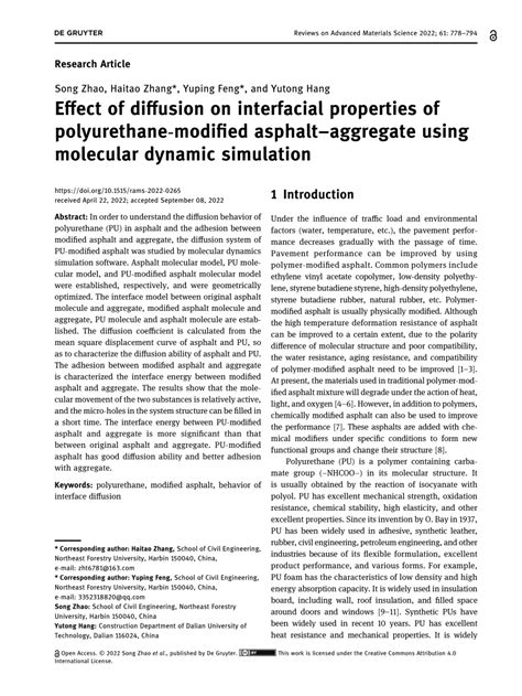 Pdf Effect Of Diffusion On Interfacial Properties Of Polyurethane