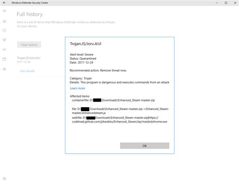 Windows Defender False Positive For Enhancedsteamjs Ver 3344ff9 · Issue 1515 · Jshackles