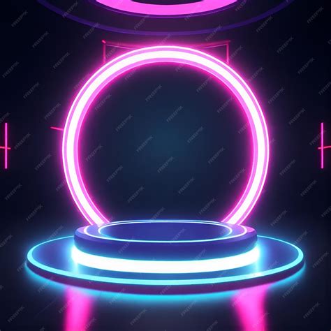 원형 네온 연단과 빈 무대가 있는 둥근 네온 램프 3d 공간을 갖춘 미래형 객실 프리미엄 사진