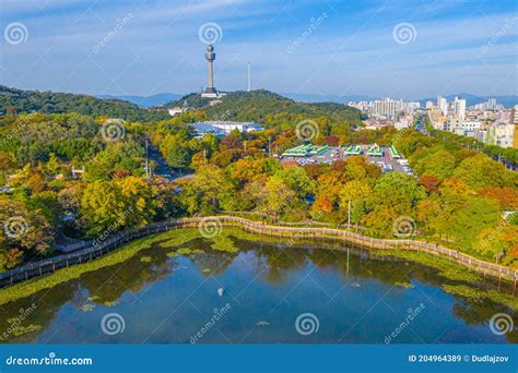 Aerial View Of 83 Tower Behind An Artificial Lake In Daegu Republic Of