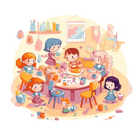 고립 된 테이블에서 점토를 만드는 다양한 어린 아이들의 육아 클립 아트 만화 컬렉션 벡터 육아 클립 아트 만화 Png 일러스트 및 벡터 에 대한 무료 다운로드