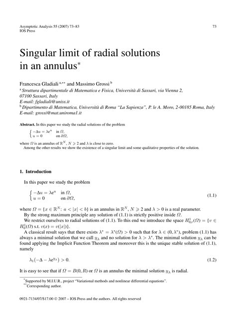 Pdf Singular Limit Of Radial Solutions In An Annulus