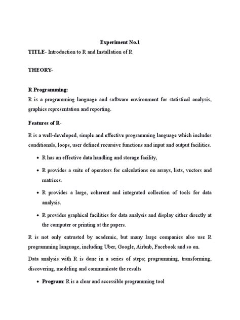 title introduction to r and installation of r experiment no 1 pdf