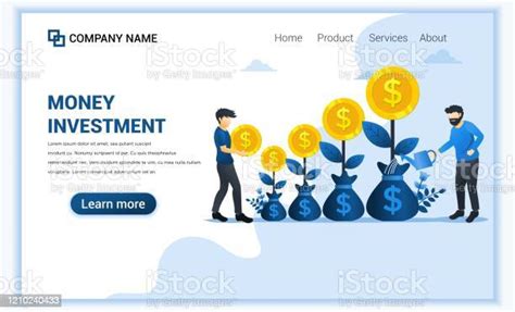 돈 나무에 물을 남자와 돈 투자 개념과 동전을 수집 이익을 증가 사업을 성장 웹 배너 인포 그래픽 방문 페이지 웹 템플릿에