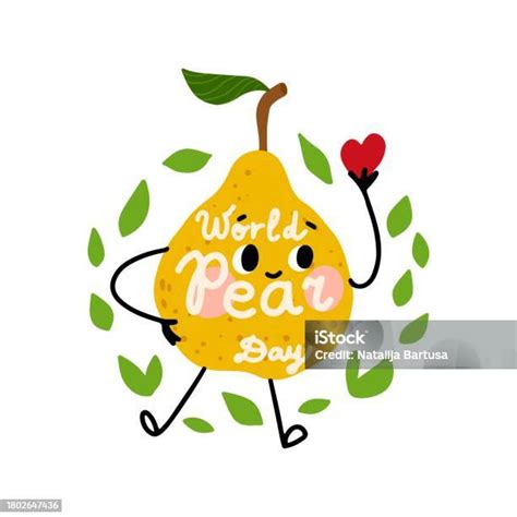 하트를 들고 웃는 배가 귀여운 캐릭터 세계 배의 날 개념입니다 카와이 과일 손으로 그린 벡터 그림입니다 만화 배 캐릭터입니다 0명에 대한 스톡 벡터 아트 및 기타 이미지