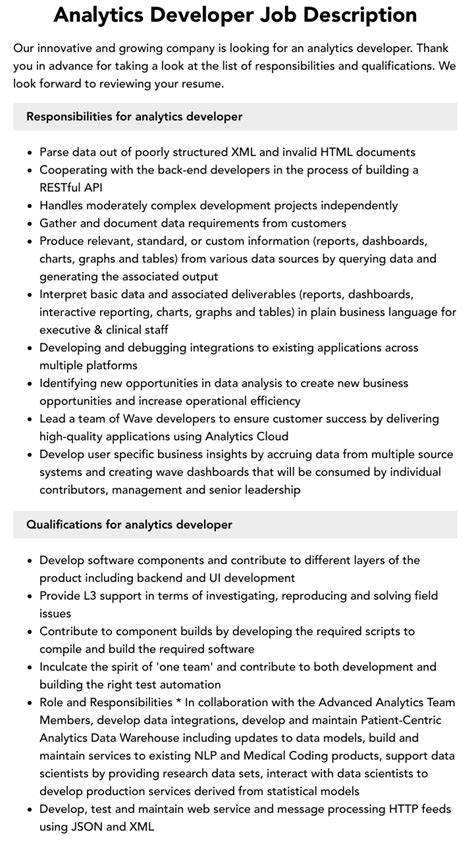 Analytics Developer Job Description Velvet Jobs