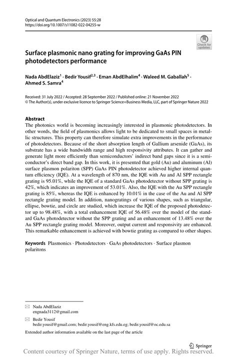Surface Plasmonic Nano Grating For Improving Gaas Pin Photodetectors Performance Request Pdf