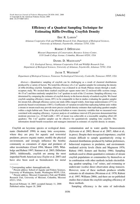 Pdf Efficiency Of A Quadrat Sampling Technique For Estimating Riffle Dwelling Crayfish Density