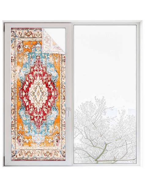 Window Privacy Film Boho Orange Stained Glass Window Film Decorative Sun Block Window Cover