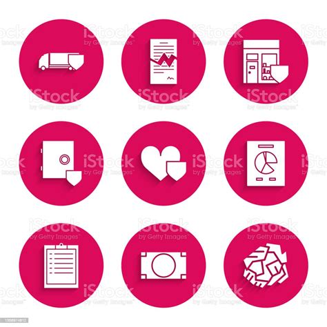 방패 스택 종이 돈 현금 구겨진 공 문서 그래프 차트 클립 보드 체크 리스트 안전 쇼핑 건물 및 배달화물 트럭 아이콘으로 마음을