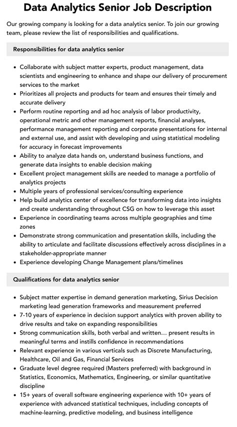 Data Analytics Senior Job Description Velvet Jobs