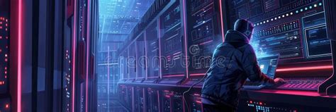 A Hacker Works Intently On A Laptop Surrounded By Glowing Screens In A