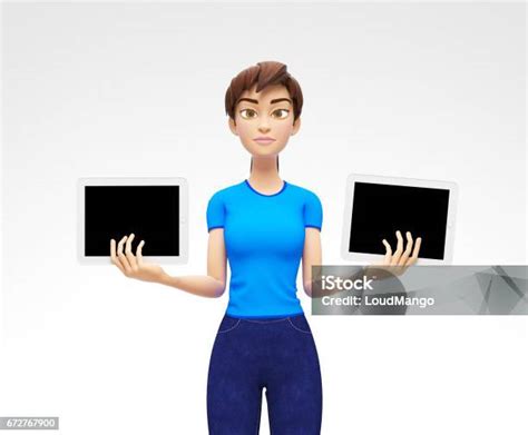 빈 화면 두 태블릿 장치 모형 심각한 제니3d 만화 여성 캐릭터 캐주얼 옷 배경에서 개최 3차원 형태에 대한 스톡 벡터 아트 및 기타 이미지 3차원 형태 T 셔츠