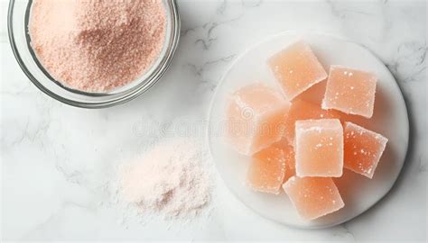 Agar Agar Jelly Cubes And Powder On White Marble Table Flat Lay Stock Image Image Of Table