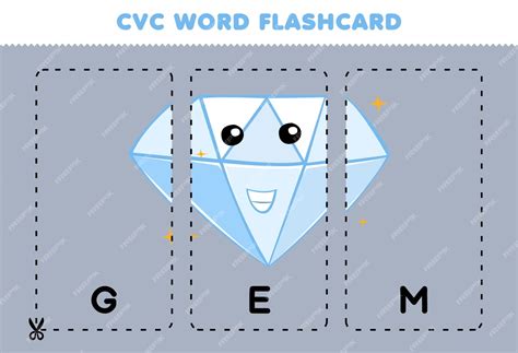귀여운 만화 Gem 그림 인쇄용 플래시 카드로 자음 모음 자음 단어를 배우는 어린이를 위한 교육 게임 프리미엄 벡터