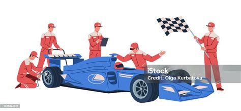 피트 스톱에 경주용 자동차 전문 정비사는 볼라이드 휠 기술 서비스 자동차 수리를 신속하게 변경합니다 유지 보수 기술자 및 엔지니어 만화 플랫 Nowaday 벡터 개념 피트