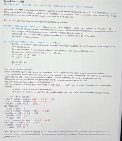 Solved Task 4 Lotto Less This Task Will Help You Learn How