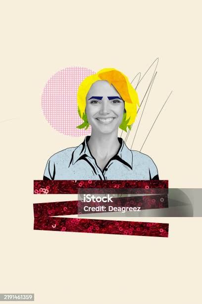 수직 콜라주 그림 그림 흑백 효과 흥분 행복 아가씨 미소 만화 효과 낙서 스케치 다채로운 배경 25 29세에 대한 스톡 사진 및 기타 이미지 Istock