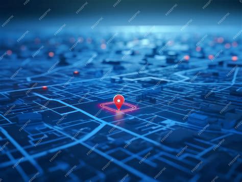 Premium Photo Digital Map With A Glowing Red Pin Highlighting A Location On A Dark Blue