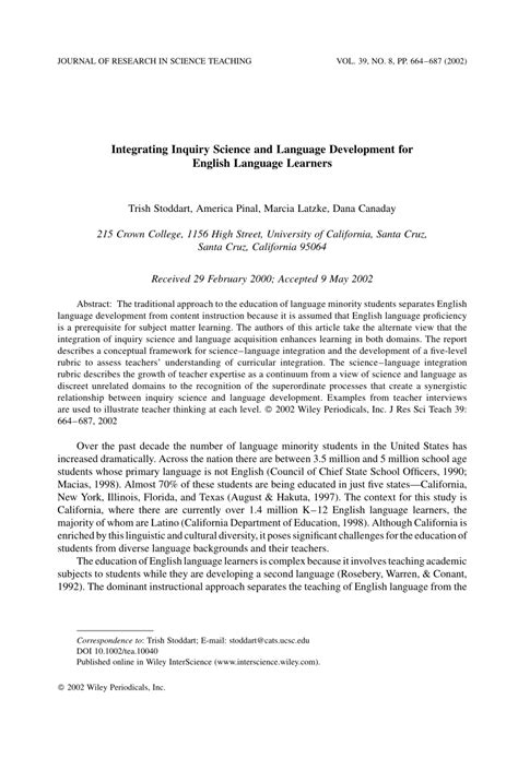 Pdf Integrating Inquiry Science And Language Development For English Language Learners