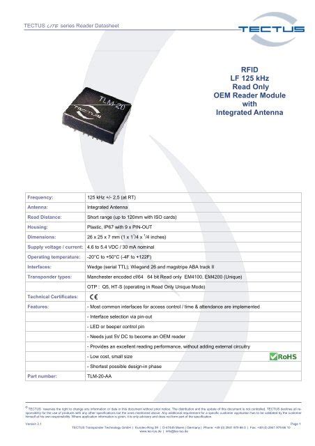 RFID LF 125 KHz Read Only OEM Reader Module With Tectus