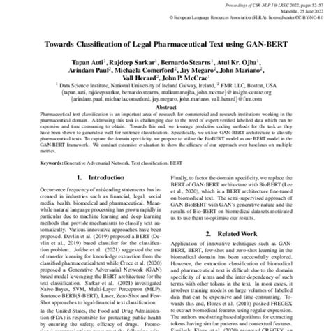 Towards Classification Of Legal Pharmaceutical Text Using GAN BERT ACL Anthology