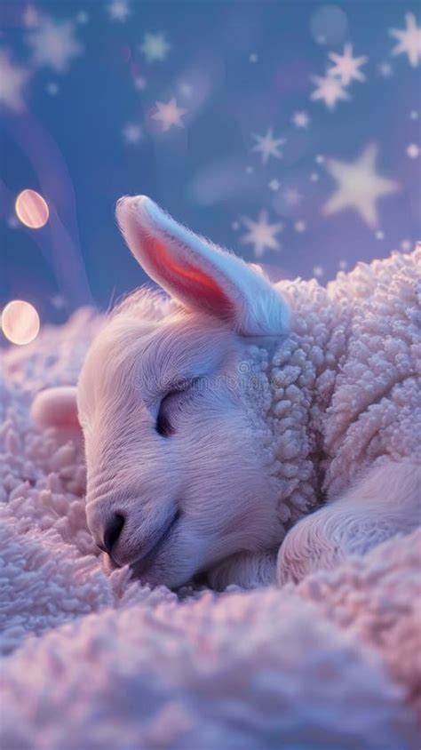 A Cute White Sheep Is Sleeping On A Bed Of Fluffy White Fabric Stock