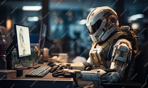 Premium Ai Image Humanoid Robot Uses A Laptop And Sits At A Table To