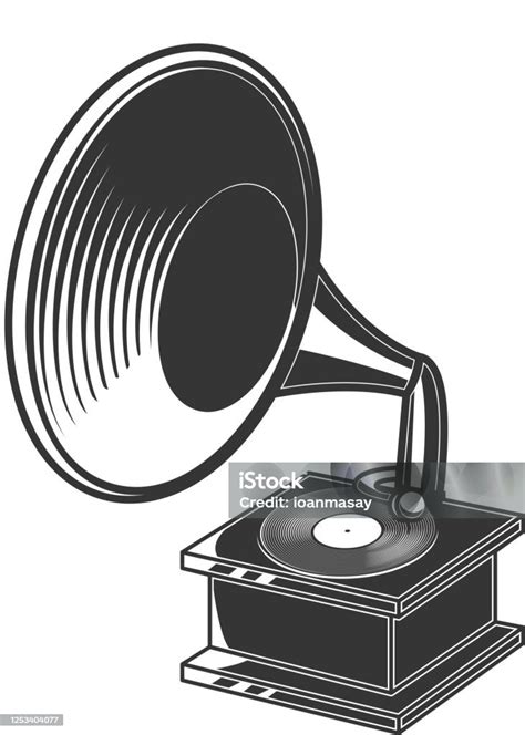 인그레이빙 스타일로 레트로 축음기의 일러스트 엠블럼 기호 포스터 카드 배너를 위한 디자인 요소 벡터 일러스트레이션 우아에 대한 스톡 벡터 아트 및 기타 이미지 Istock