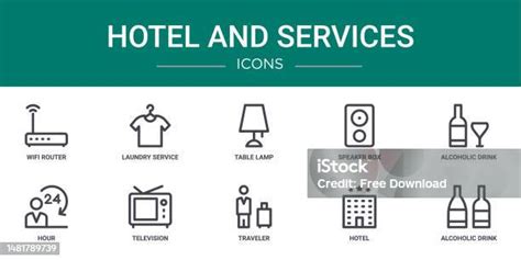10 개요 웹 호텔 및 서비스 아이콘 세트 와이파이 라우터 세탁 서비스 테이블 램프 스피커 박스 알코올 음료 시간 텔레비전 벡터 아이콘 보고서 프리젠 테이션 다이어그램 웹과