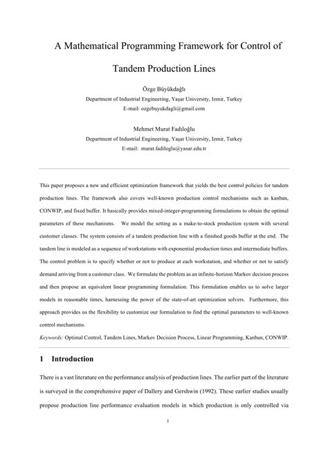 Pdf A Mathematical Programming Framework For Control Of Tandem