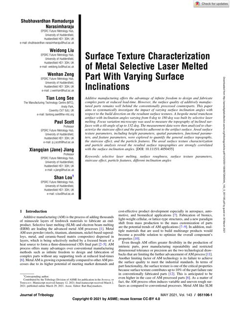 Pdf Surface Texture Characterization Of Metal Selective Laser Melted Part With Varying Surface