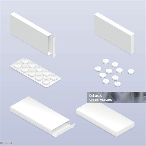 정제와 블리스터 포장 철두철미 제품의 등각투영 아이콘 세트 0명에 대한 스톡 벡터 아트 및 기타 이미지 0명 2015년
