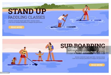 패들링 수업을 시작하고 수상 스포츠 웹 배너 세트 평면 벡터 일러스트레이션에 탑승합니다 개에 대한 스톡 벡터 아트 및 기타 이미지 개 패들보드 개체 그룹 Istock