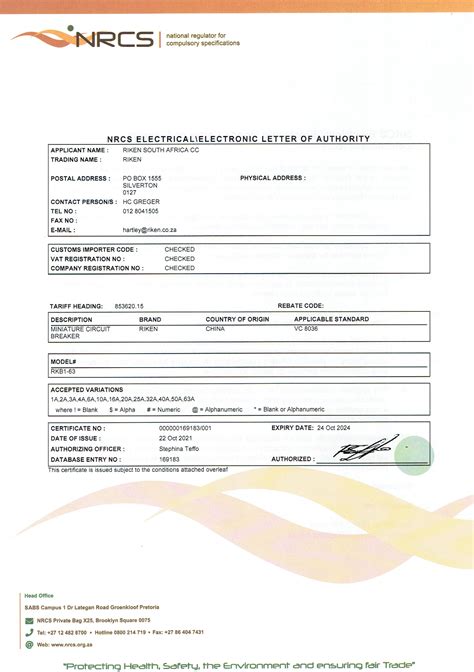 Certificates Riken Electric