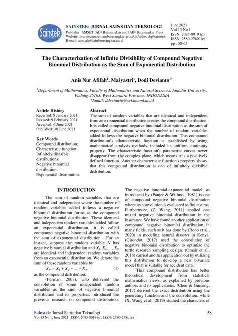 Pdf The Characterization Of Infinite Divisibility Of Compound Negative Binomial Distribution