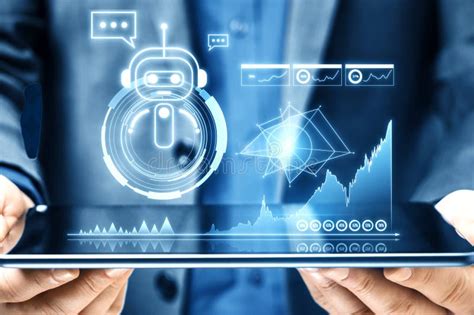 close up of businessman hand holding tablet with glowing robot and