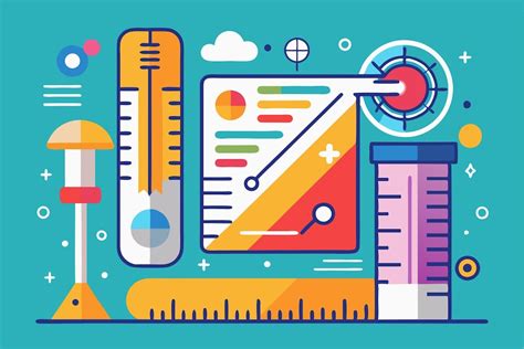 the illustration features measurement tools and graphs emphasizing metrics for data analysis and