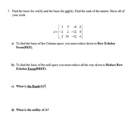 solved find the basis for col a and the basis for nul a