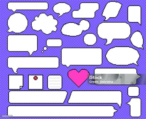 픽셀 대화 상자가 설정되었습니다 말풍선 대화 메모 생각 모든 요소는 별도로 그룹화됩니다 0명에 대한 스톡 벡터 아트 및 기타