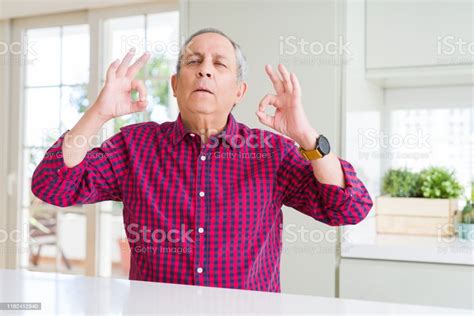 집에서 잘 생긴 선배는 손가락으로 명상 제스처를하고 눈을 감고 미소 요가 개념입니다 개념에 대한 스톡 사진 및 기타 이미지 개념 개념과 주제 건강한 생활방식 Istock