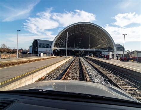 Pov Perspective Driving A Train Into A Railway Station Ai Generated Stock Illustration
