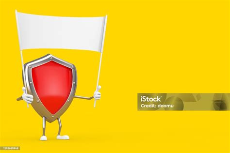 레드 메탈 보호 방패 캐릭터 마스코트와 당신의 디자인을위한 여유 공간이있는 빈 흰색 빈 배너 3d 렌더링 경호에 대한 스톡 사진