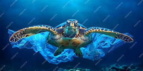 Premium Photo A Sea Turtle Trapped In A Plastic Bag Highlighting The