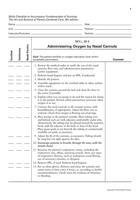 Oxygen Via Nasal Cannula 1 Skills Checklist To Accompany Fundamentals Of Nursing The Art And