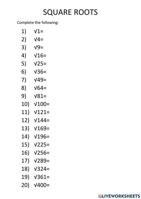 Square Roots Up To 20 Worksheets Worksheetscity